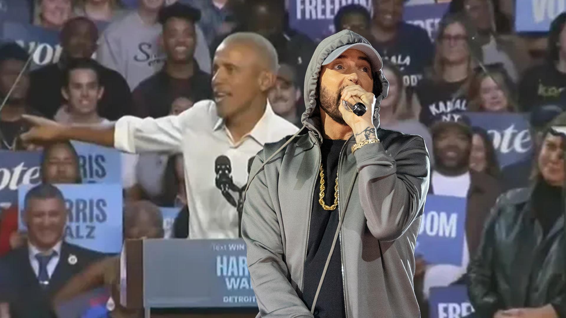 Obama Raps 'Lose Yourself' After Being Introduced By Eminem At Kamala ...